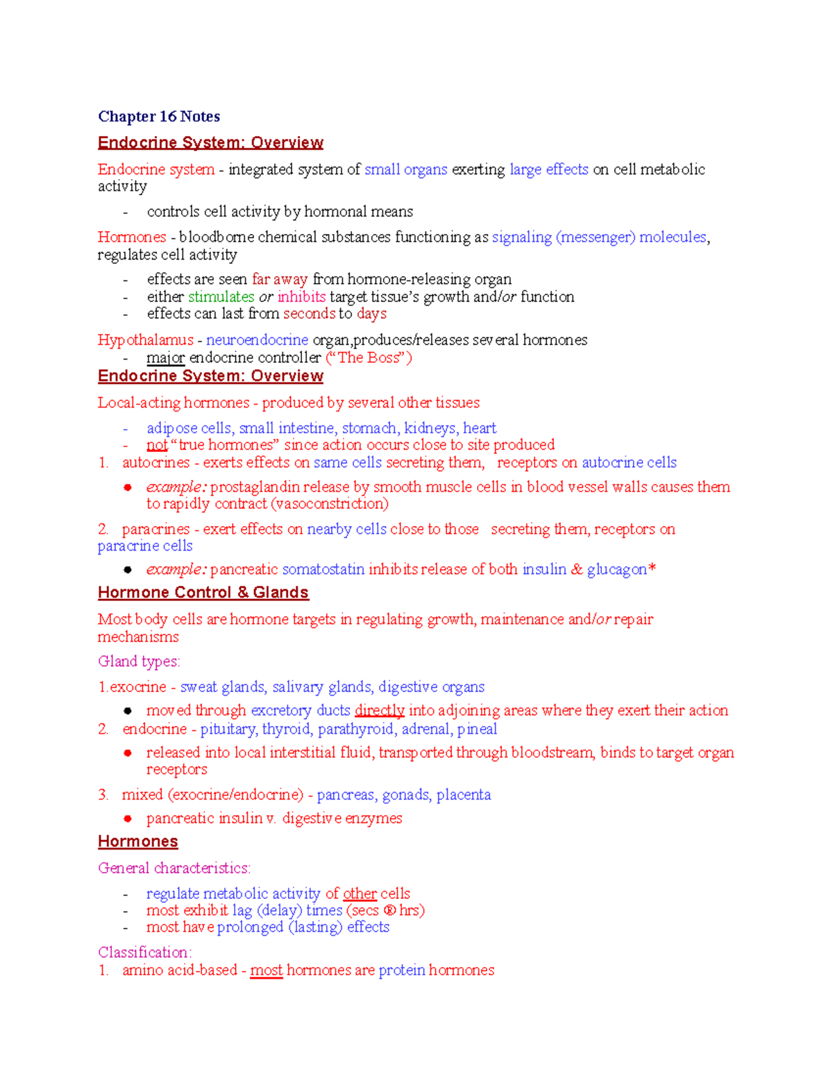 BMD252 Chapter 16 Notes - Chapter 16 Notes Endocrine System: Overview ...