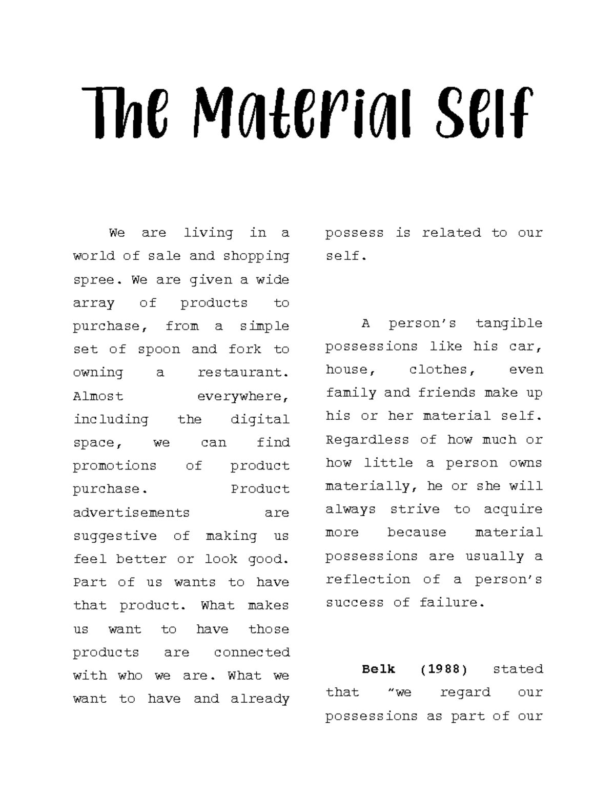 L8 The Material Self Lecture Notes 3 The Material Self We Are