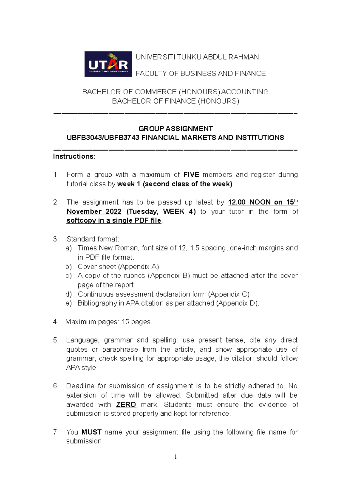 FMI Assignment October 2022 - UNIVERSITI TUNKU ABDUL RAHMAN FACULTY OF BUSINESS AND FINANCE ...