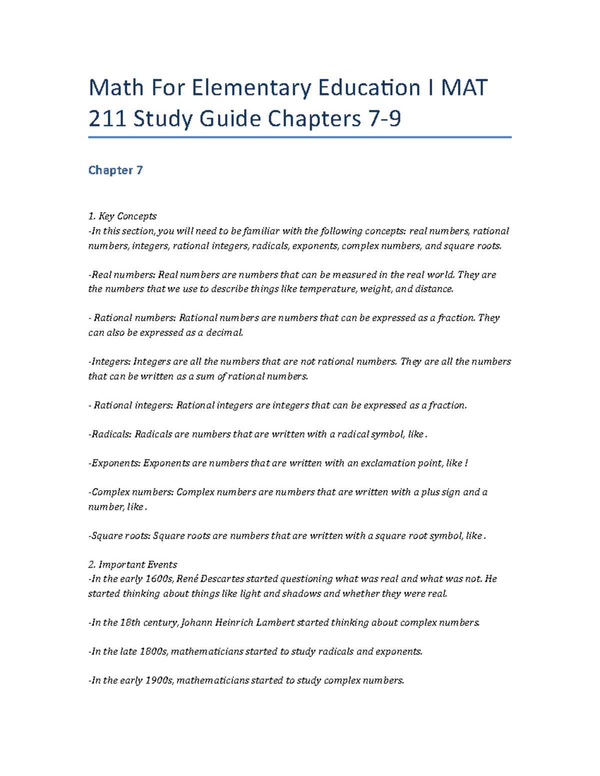 Math For Elementary Education I MAT 211 Study Guide Chapters 7-9 -Real ...