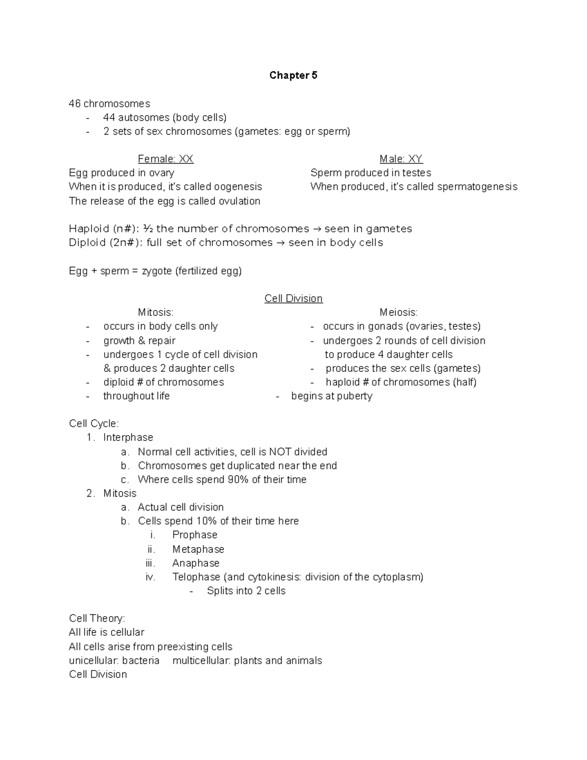 Chapter 5 - Chapter 5 46 chromosomes - 44 autosomes (body cells) - 2 ...