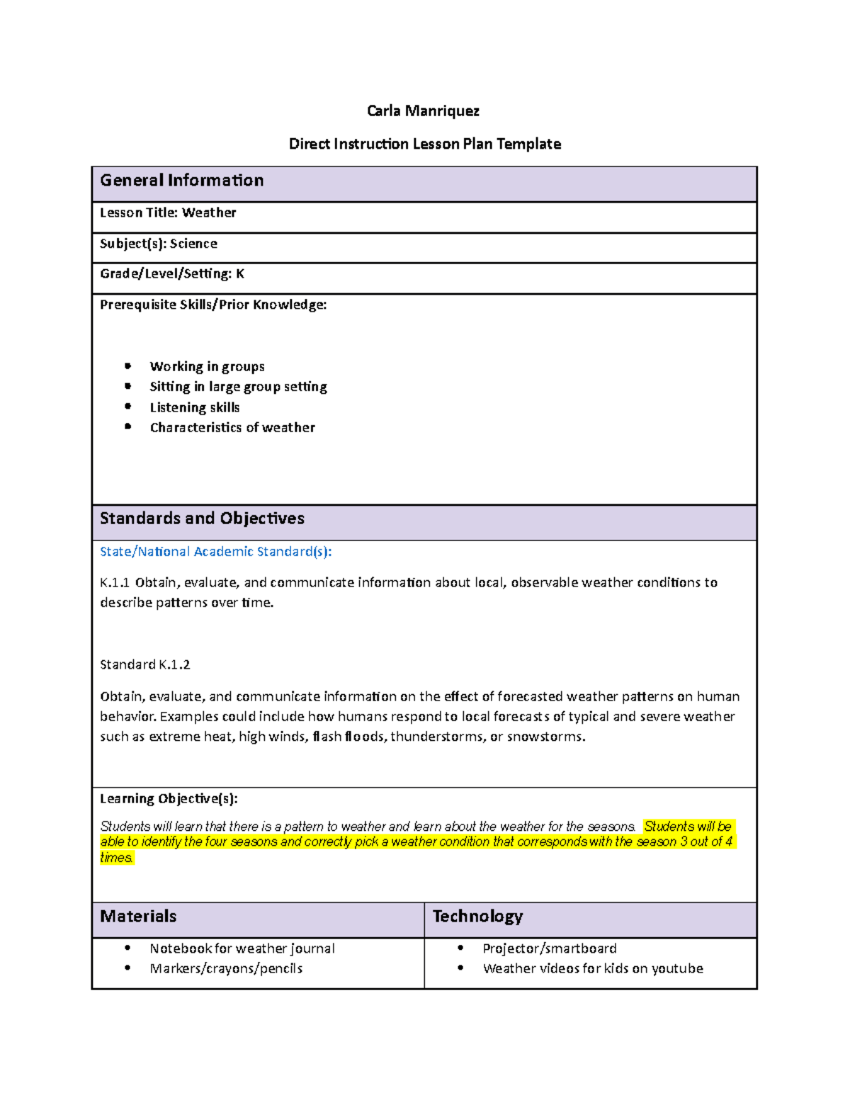 Carla Manriquez D091 task 2 - Carla Manriquez Direct Instruction Lesson ...