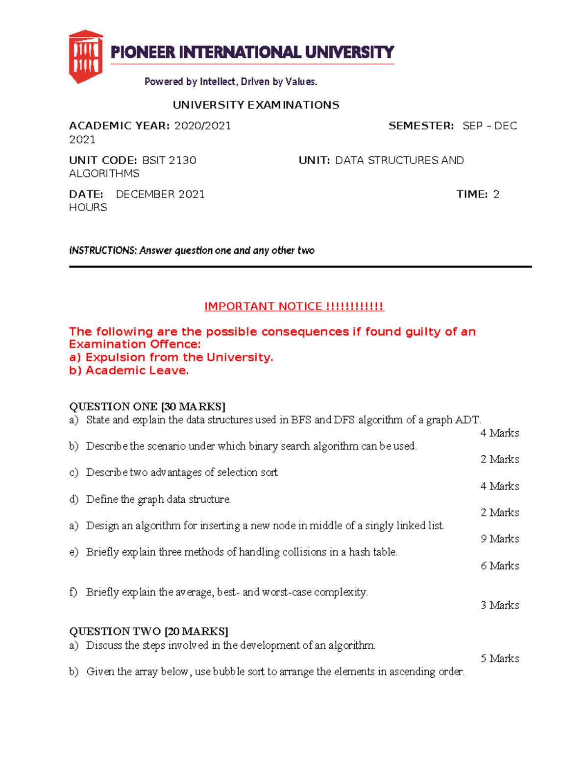 Exam Data Structures and Algorithms - UNIVERSITY EXAMINATIONS ACADEMIC ...