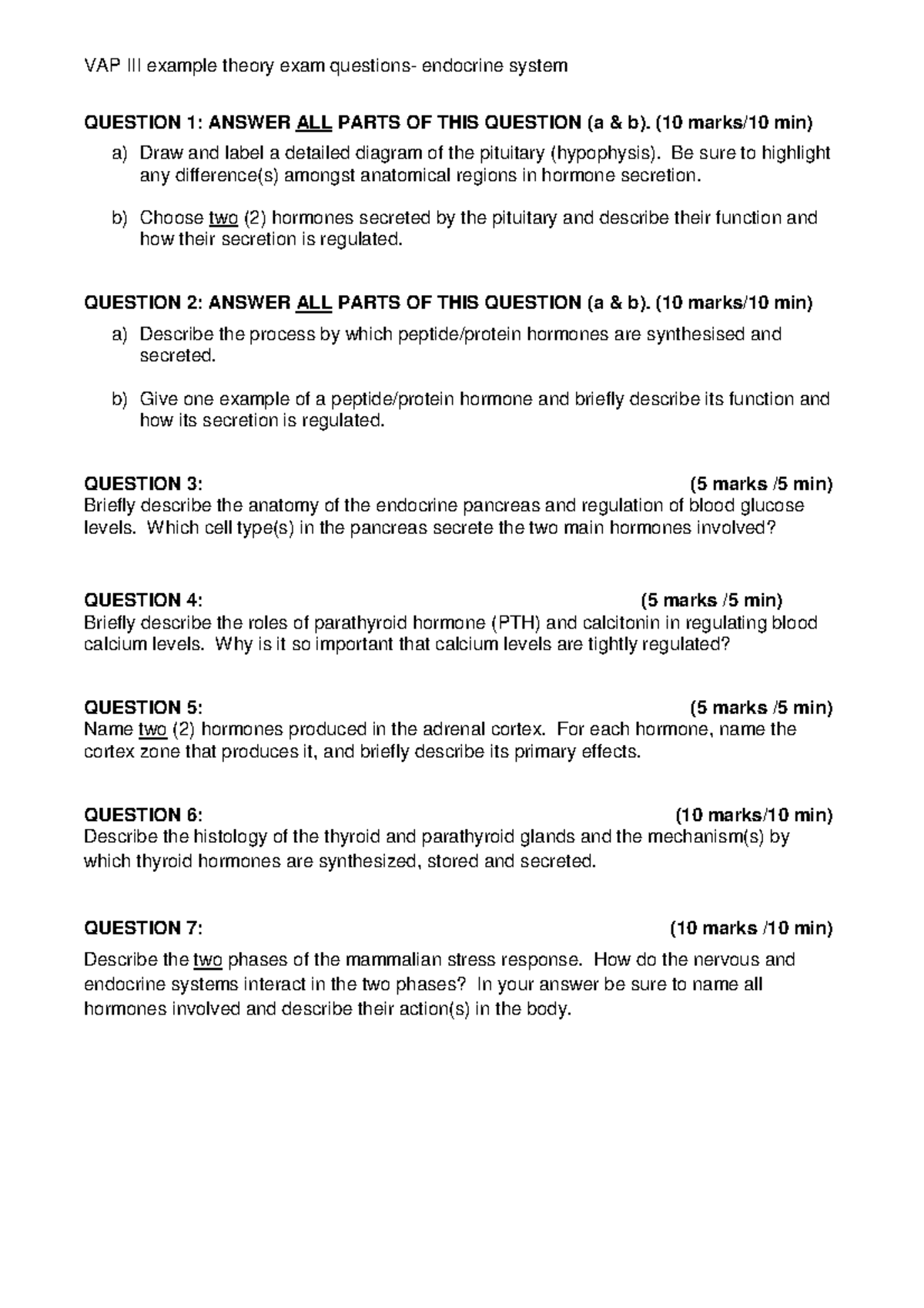 Endocrine Exam Example 2020 - VAP III example theory exam questions ...