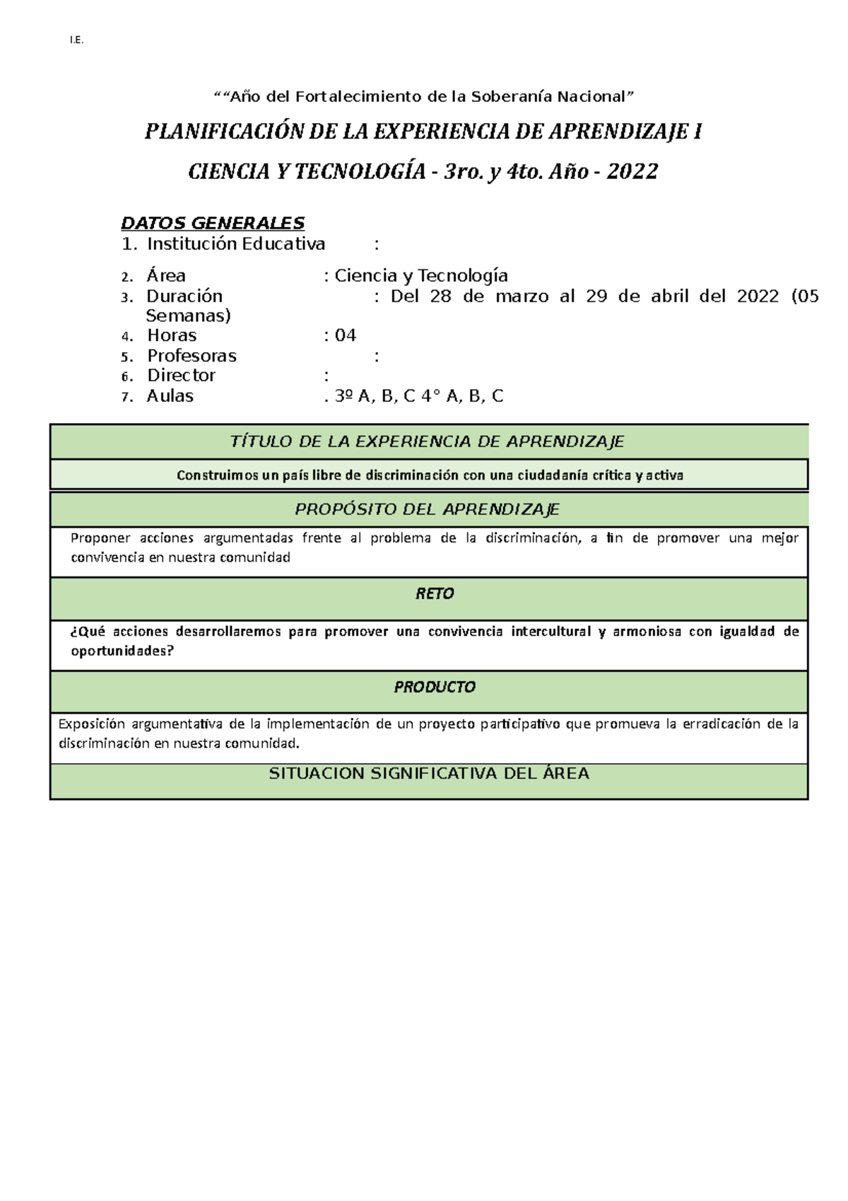 3° Y 4° SEC. Planificador DE LA EDA 1 2022 - ““Año del Fortalecimiento de la Soberanía Nacional ...