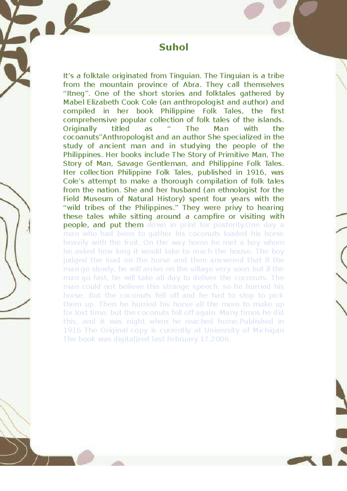 Sohul - module - Suhol It’s a folktale originated from Tinguian. The ...