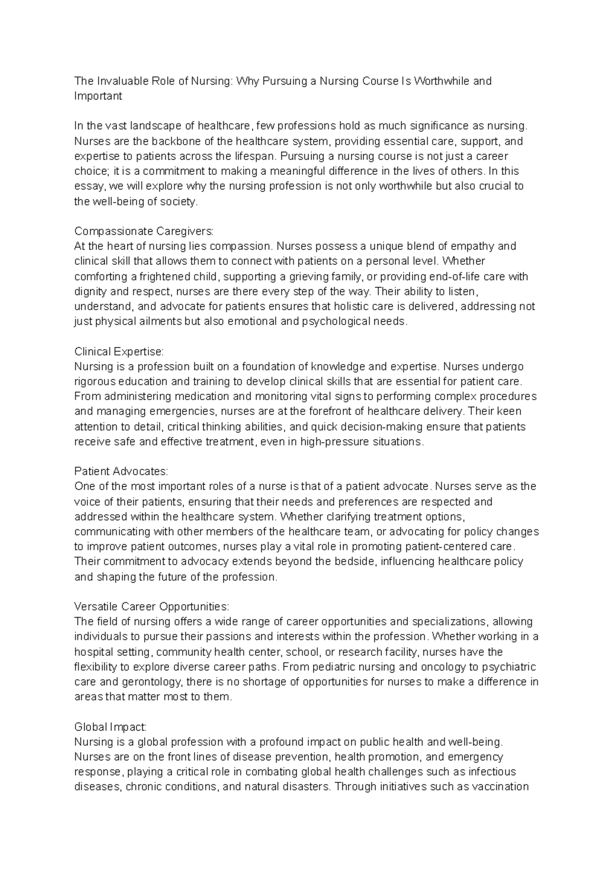 Essay Nursing Why is It Important - The Invaluable Role of Nursing: Why ...