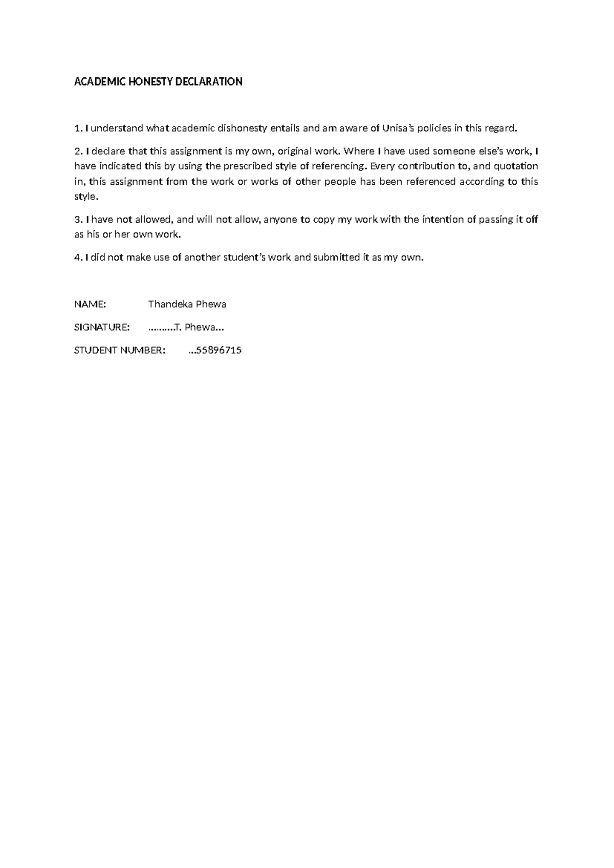 Academic Honesty Declaration - ACADEMIC HONESTY DECLARATION I ...