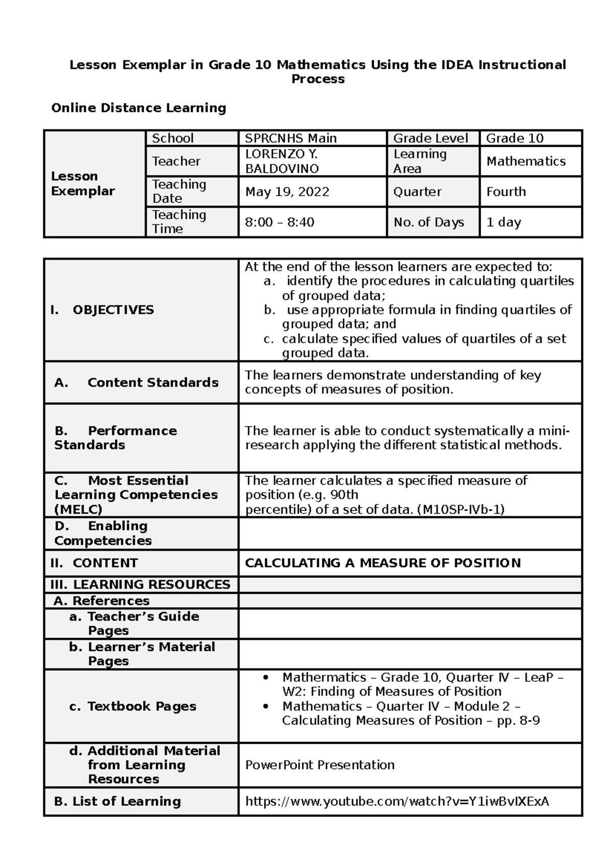 LE-Q4-G10 Math-Week2-Measurement of Position for Grouped Data - Quartile - Lesson Exemplar in ...