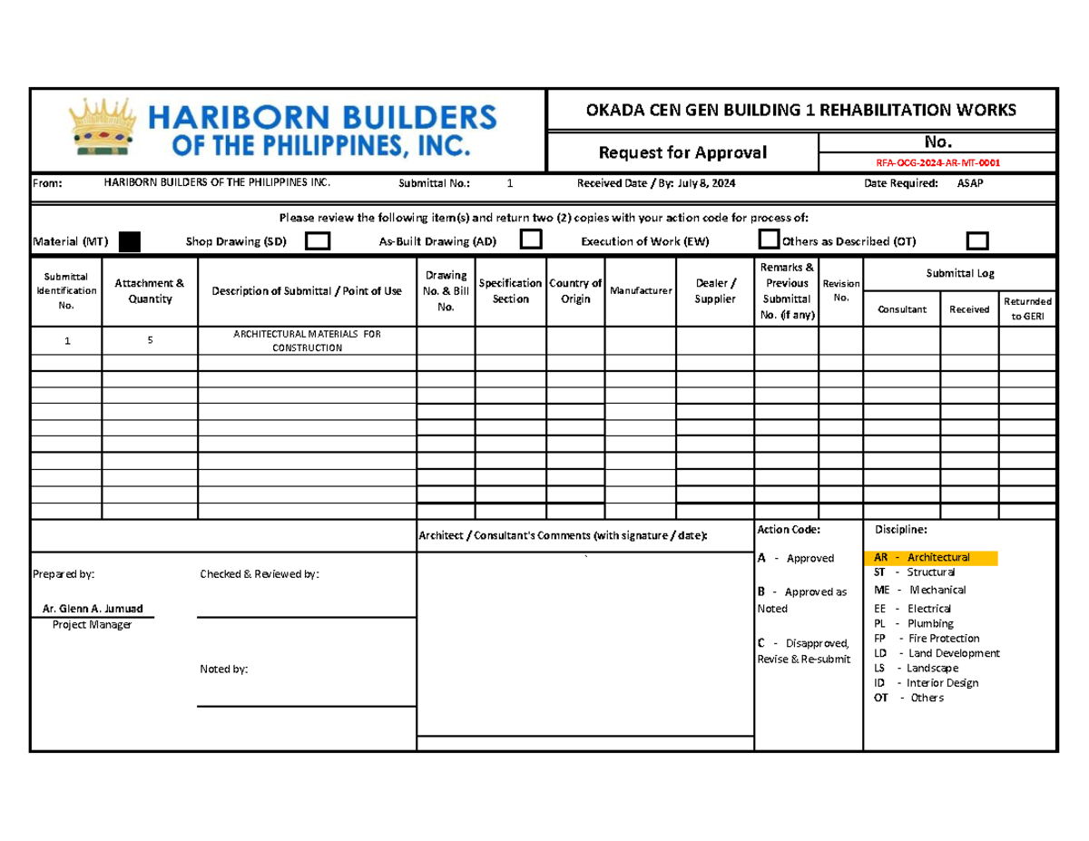 RFA Sample for Architectural Materials - From: HARIBORN BUILDERS OF THE ...