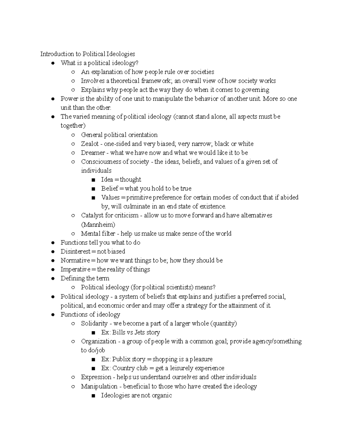 Notes - Introduction to Political Ideologies What is a political ...