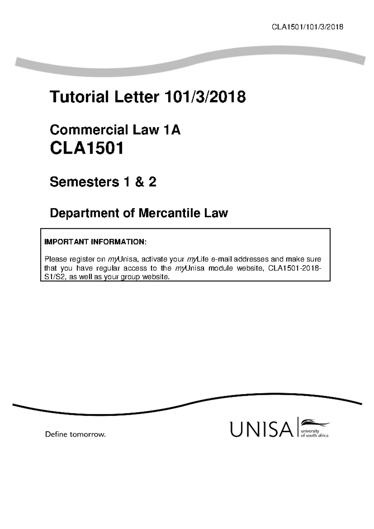 CLA1501 - Summary Commercial Law - CLA1501/101/ 3 / 2018 Tutorial ...