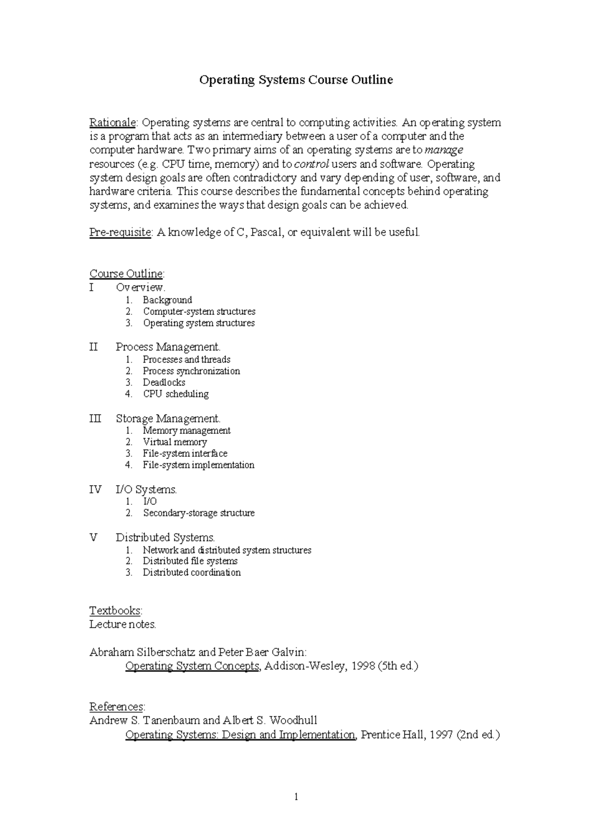 OSSyllabus - Operating System and Application Course Outline - 1 Operating Systems Course ...