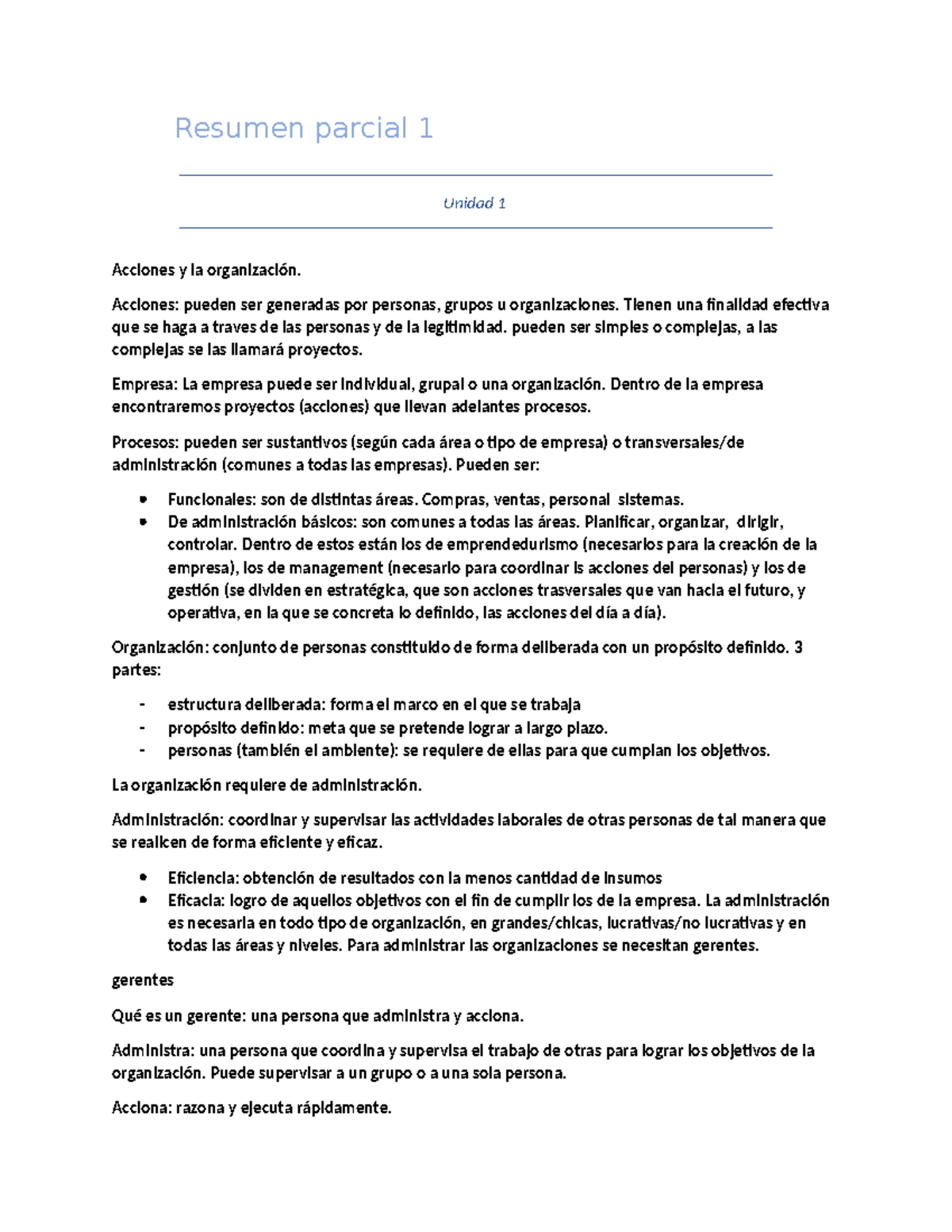 Resumen admin parcial 1 - Resumen parcial 1 Unidad 1 Acciones y la organización. Acciones ...