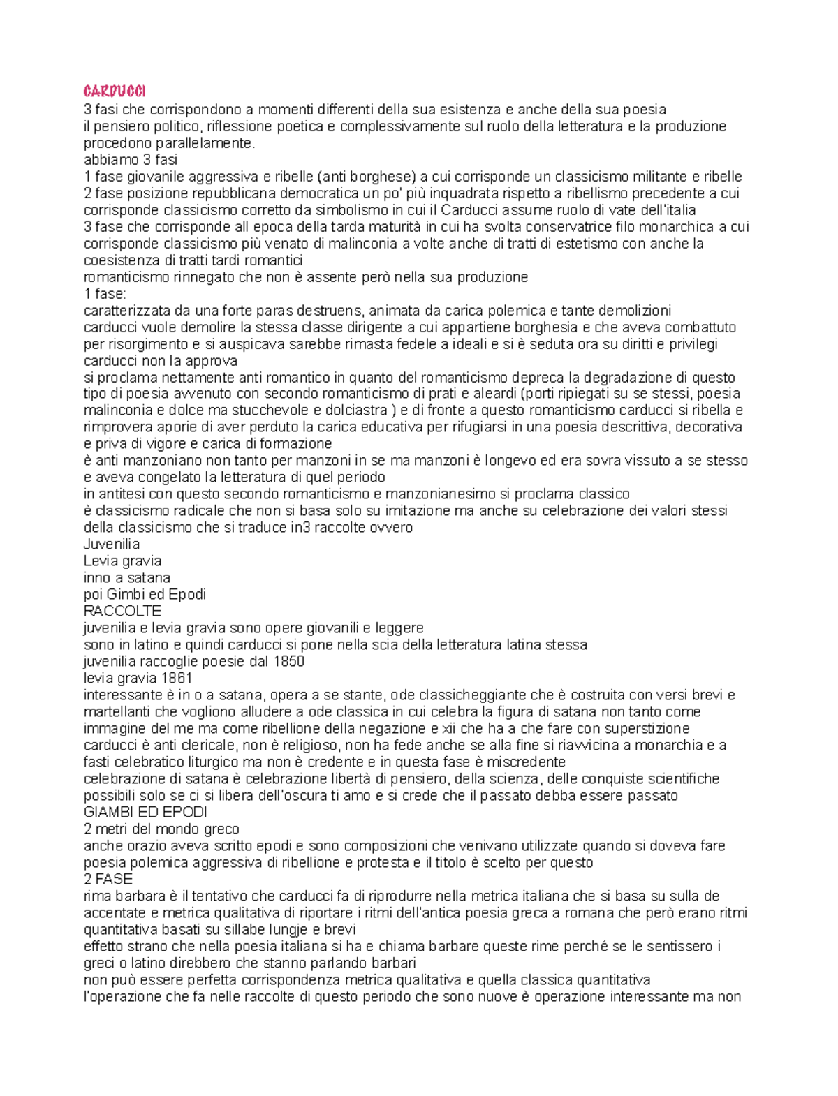 Carducci analisi - CARDUCCI 3 fasi che corrispondono a momenti ...