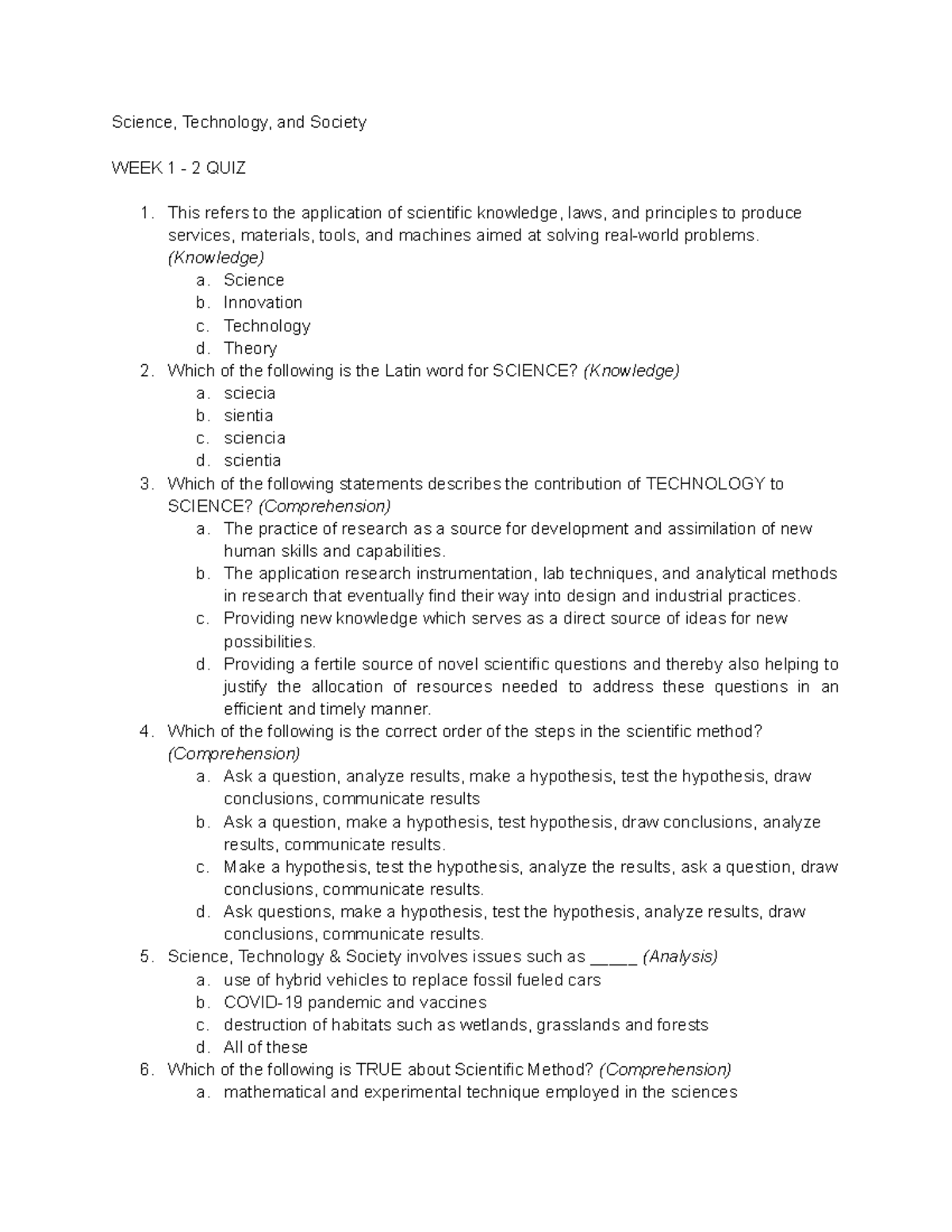 QUIZ March 14 2023 - N/A - Science, Technology, and Society WEEK 1 - 2 ...