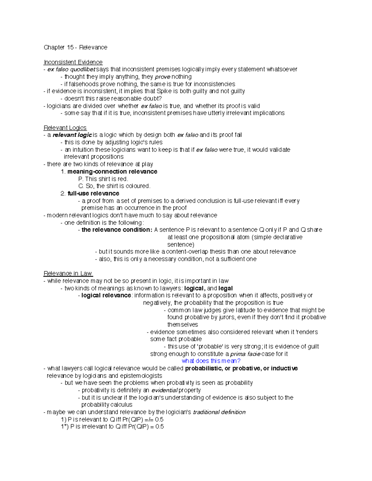 15 - Relevance - Summary John Woods - Chapter 15 Relevance Inconsistent ...