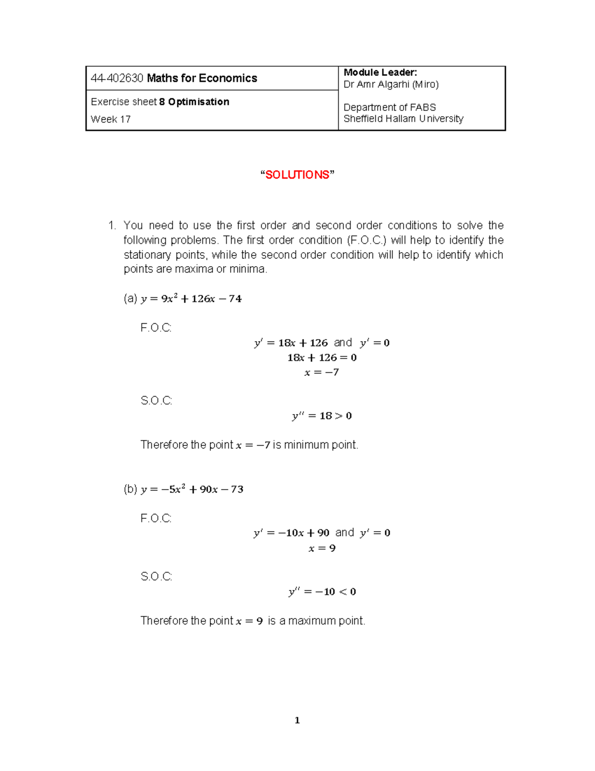 Maths S08 solutions - 44-402630 Maths for Economics Module Leader: Dr ...