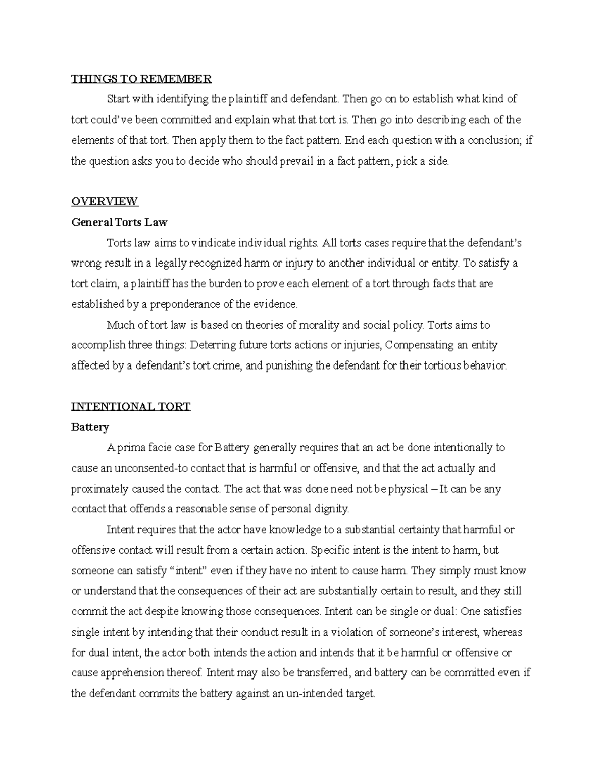 Rule Statements - Rules for major torts concepts - THINGS TO REMEMBER ...