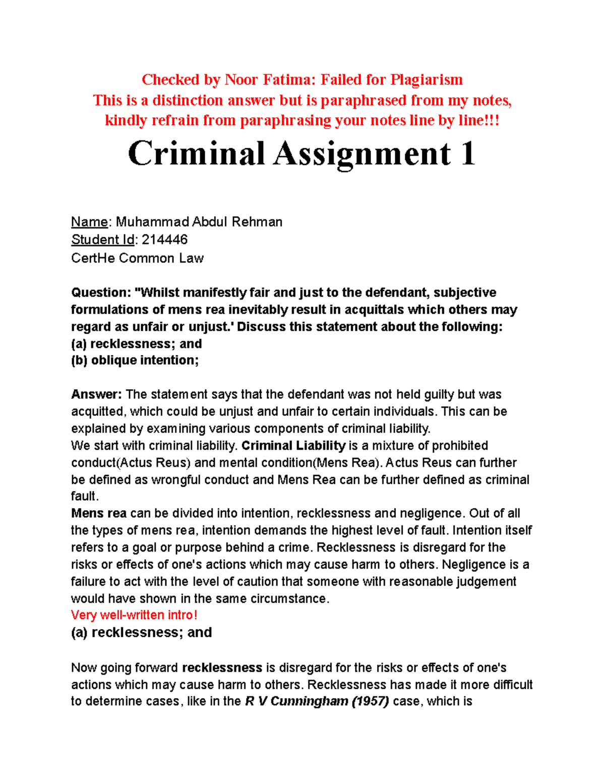 Criminal Law Assignment #1 - Checked by Noor Fatima: Failed for ...