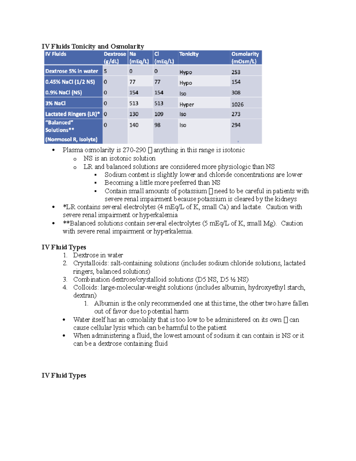 Renal Exam 1 Part 20 - IV Fluids Tonicity and Osmolarity Plasma ...