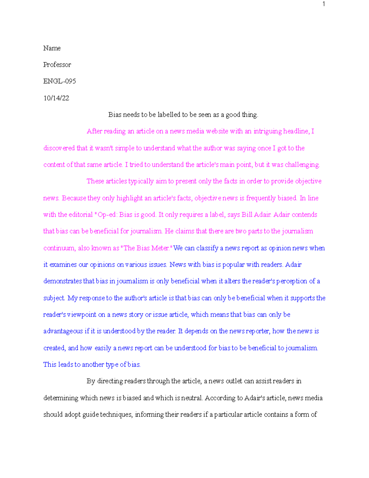 7 Weekly Draft - Messy First Draft - 1 Name Professor ENGL- 10/14/ Bias ...