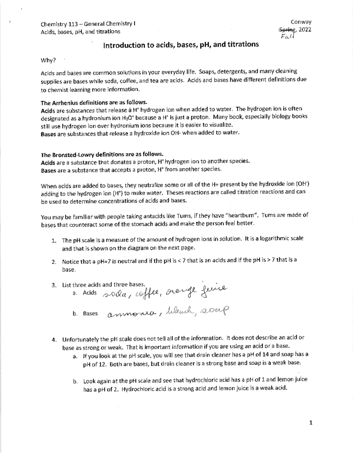 Answers to intro to acids, bases, ph, titrations - CHEMT-111 - Studocu
