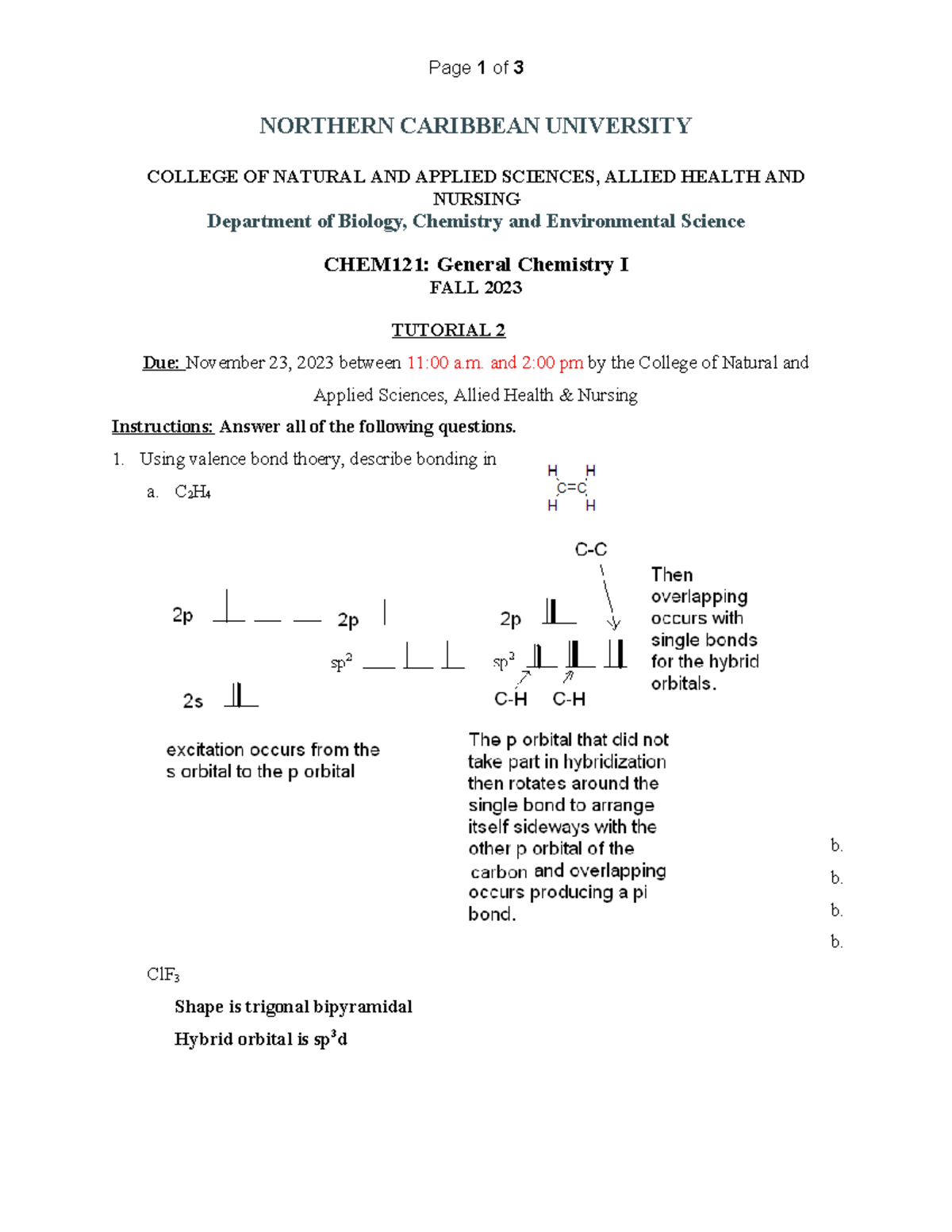 Chem121 Fall 2023 tutorial 2 answers - Page 1 of 3 NORTHERN CARIBBEAN ...