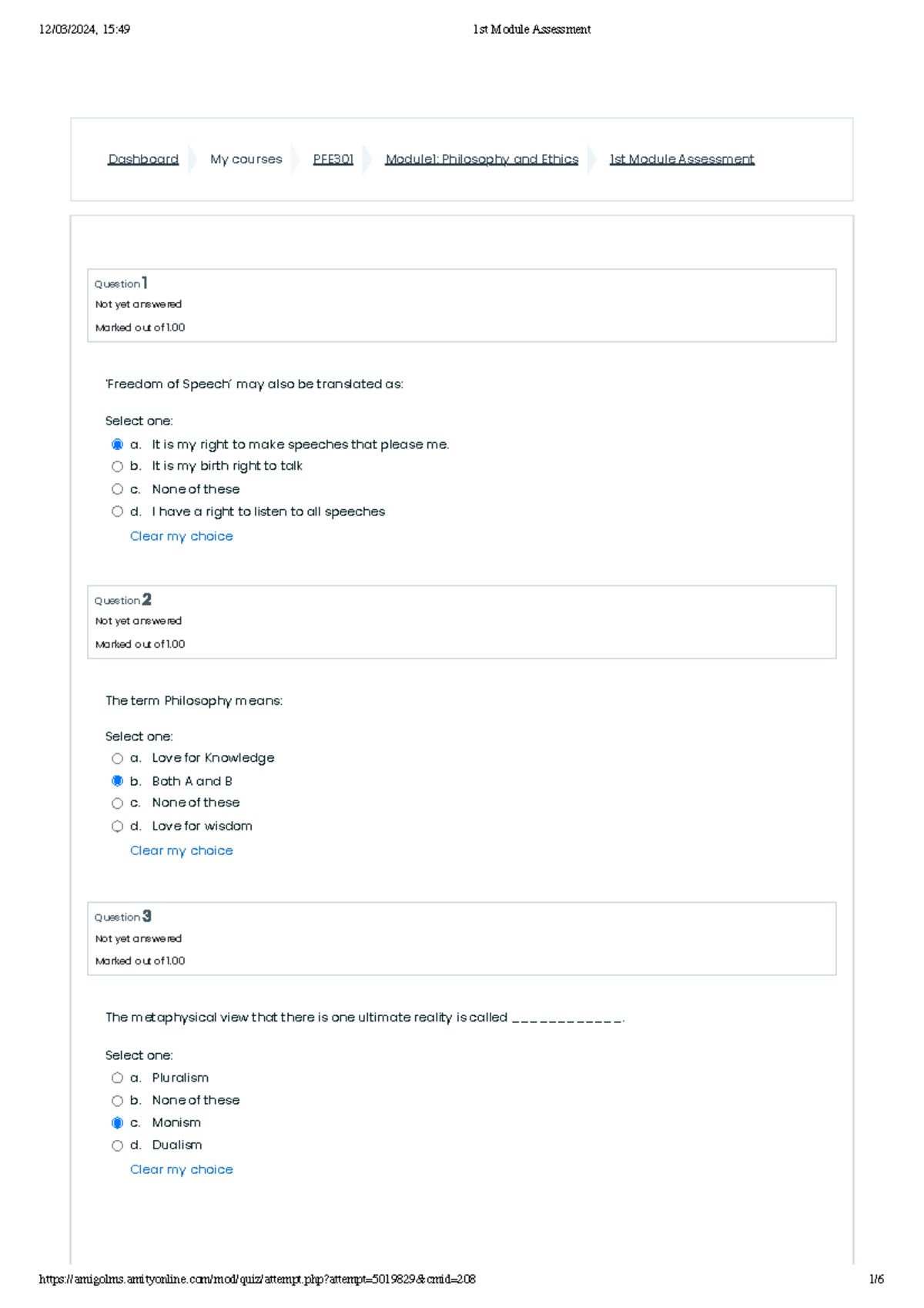 1st Module Assessment (30) - Dashboard My courses PFE301 Module1: Philosophy and Ethics 1st ...