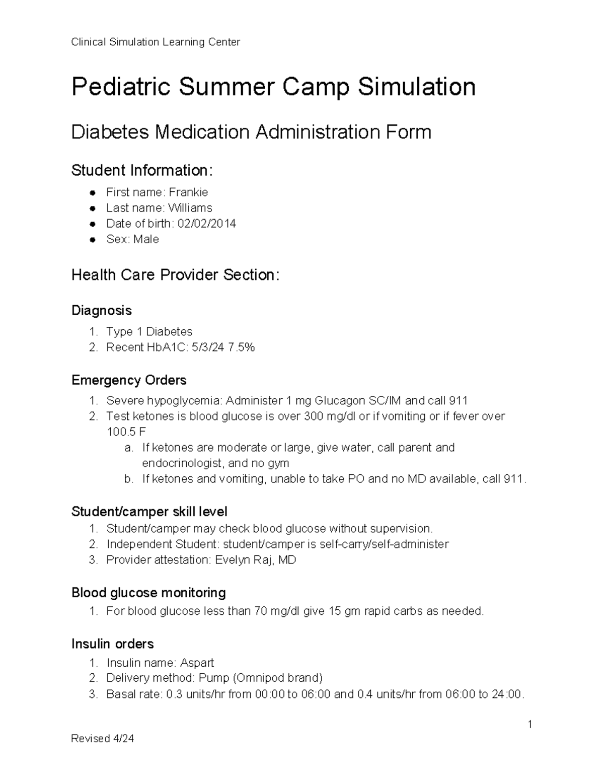 Frankie Diabetes Medication Administration Form Data - Pediatric Summer ...