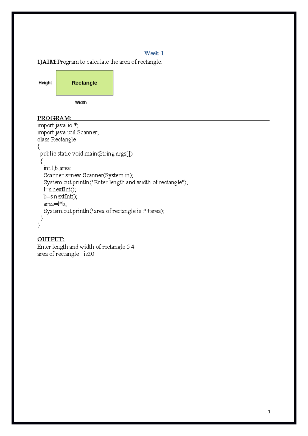 Java programs 1 - ads - Week- 1)AIM:Program to calculate the area of ...