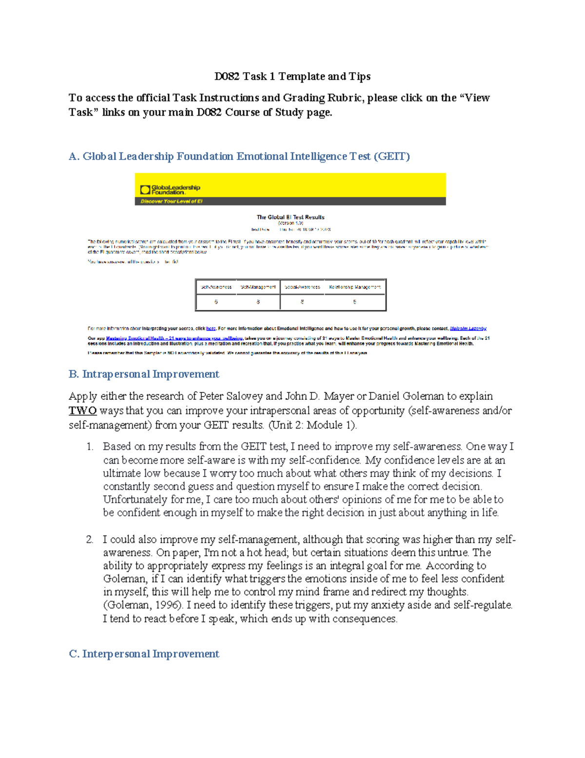 D082 Task 1 Template and Tips 0123 - D082 Task 1 Template and Tips To access the official Task ...