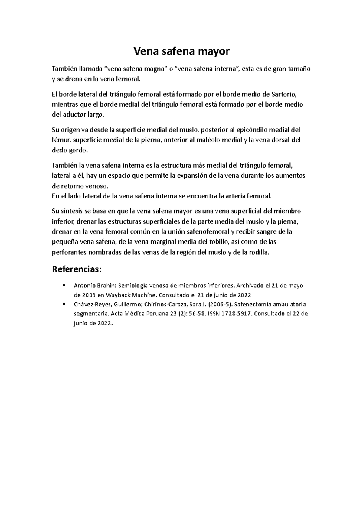 Vena safena mayor - Resumen - Vena safena mayor También llamada “vena ...