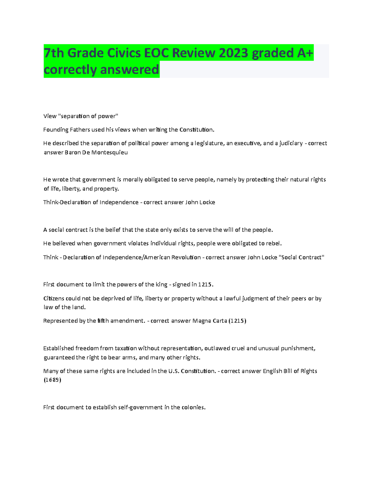 7th Grade Civics EOC Review 2023 graded A+ correctly answered - He ...