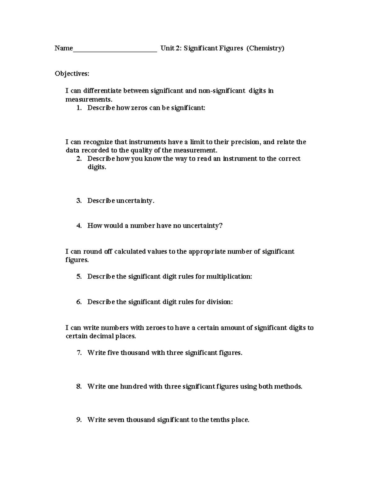 UNIT 2- Significant Figures - Name_______________________ Unit 2 ...