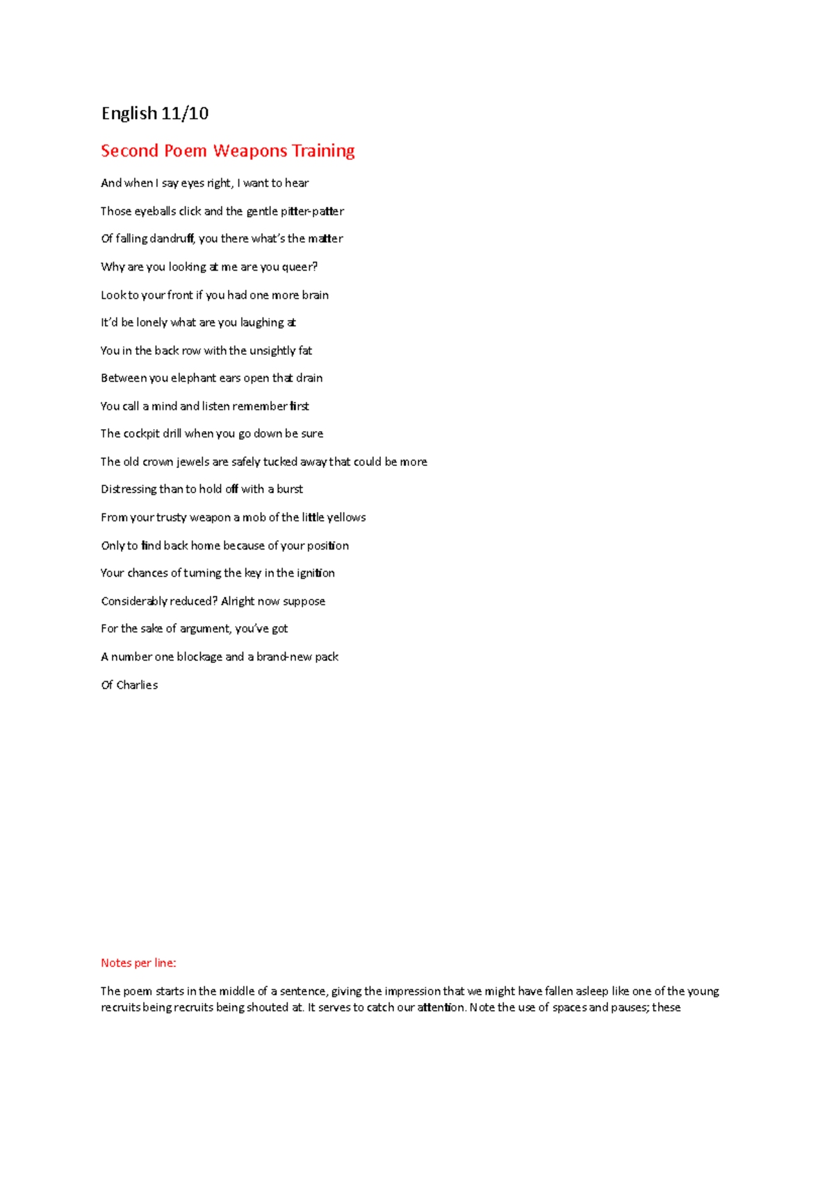 English 11 10 - class work - English 11/ Second Poem Weapons Training ...