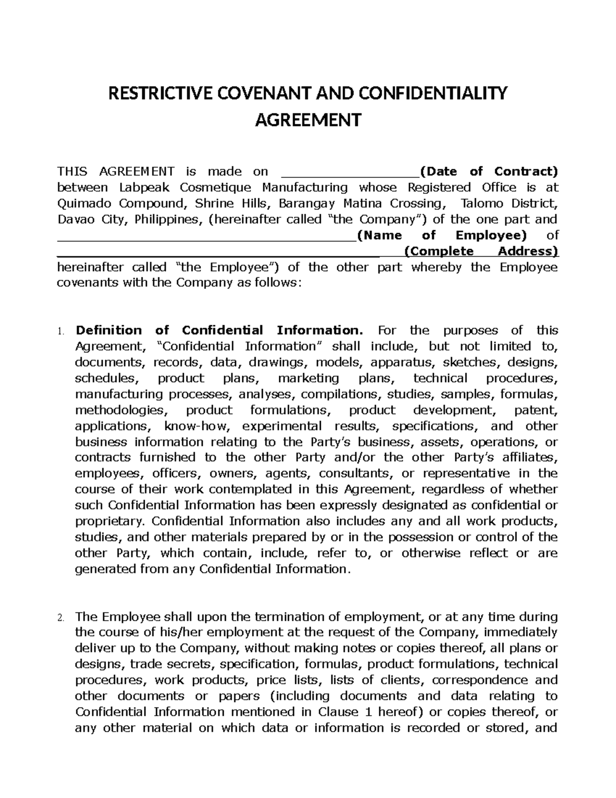 Bruce Restrictive Covenant and Confidentiality Agreement Labpeak ...