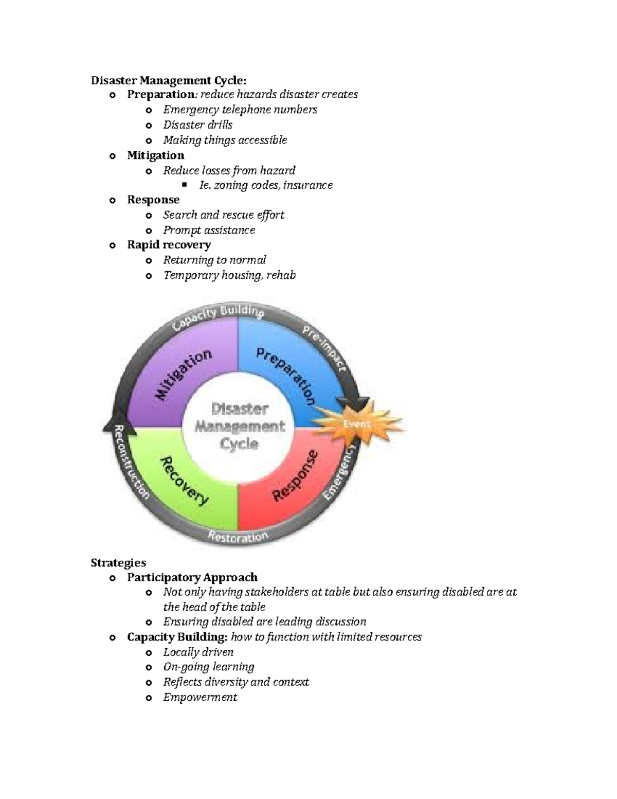 Disaster Management - Lecture notes 5 - Disaster Management Cycle: o ...