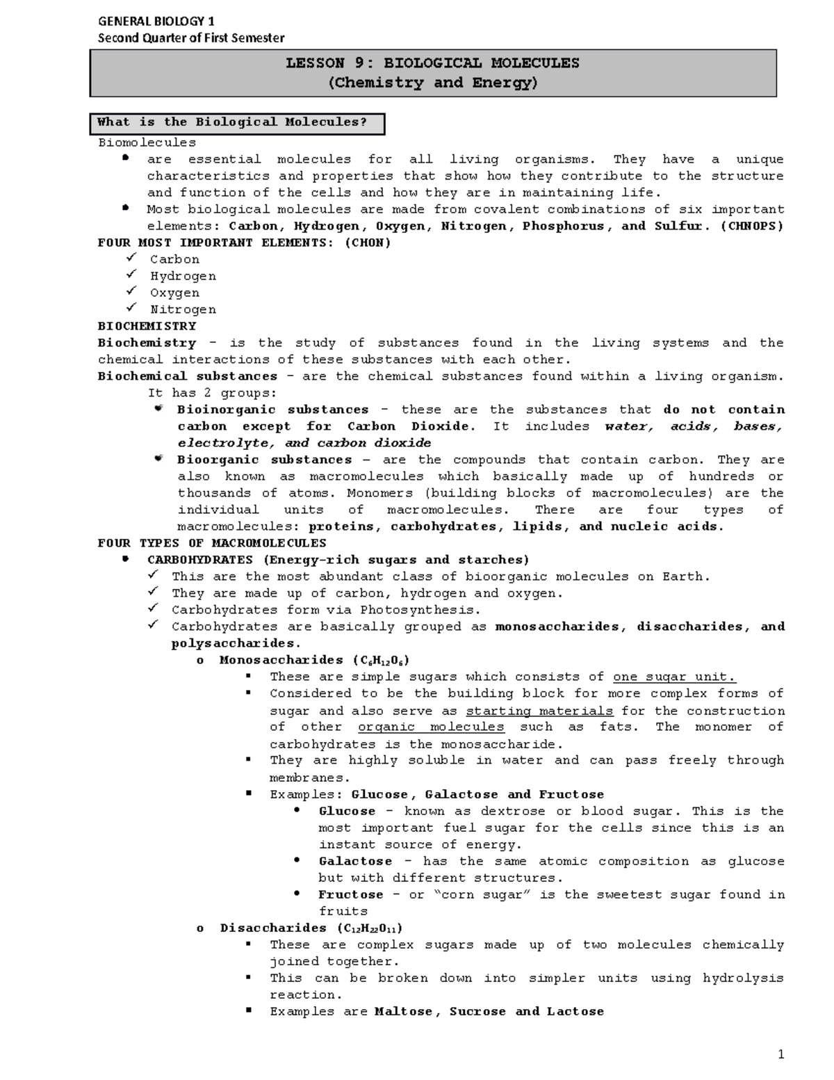 Biology - Lesson 9 - Biological Molecules - GENERAL BIOLOGY 1 Second ...