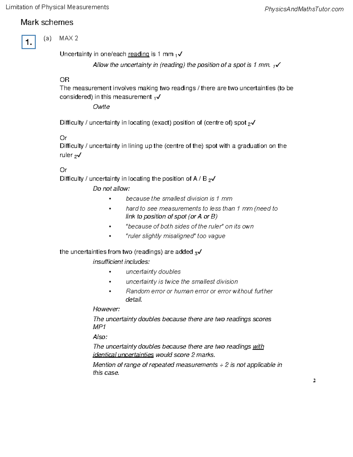 1.2. Limitation of Physical Measurements MS - Mark schemes (a) MAX 2 ...