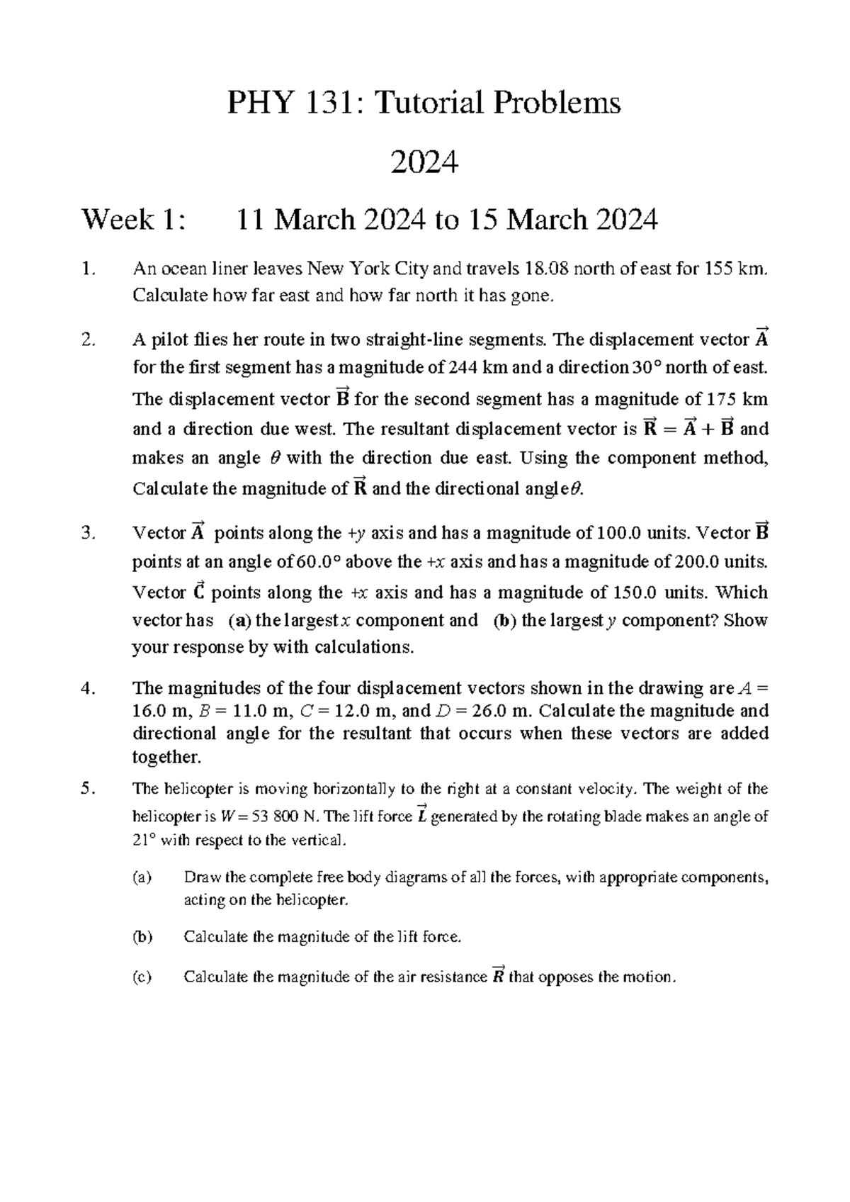 PHY 131 Tutorial 01 - 11 March to 15 March - PHY 131: Tutorial Problems 2024 Week 1: 11 March ...
