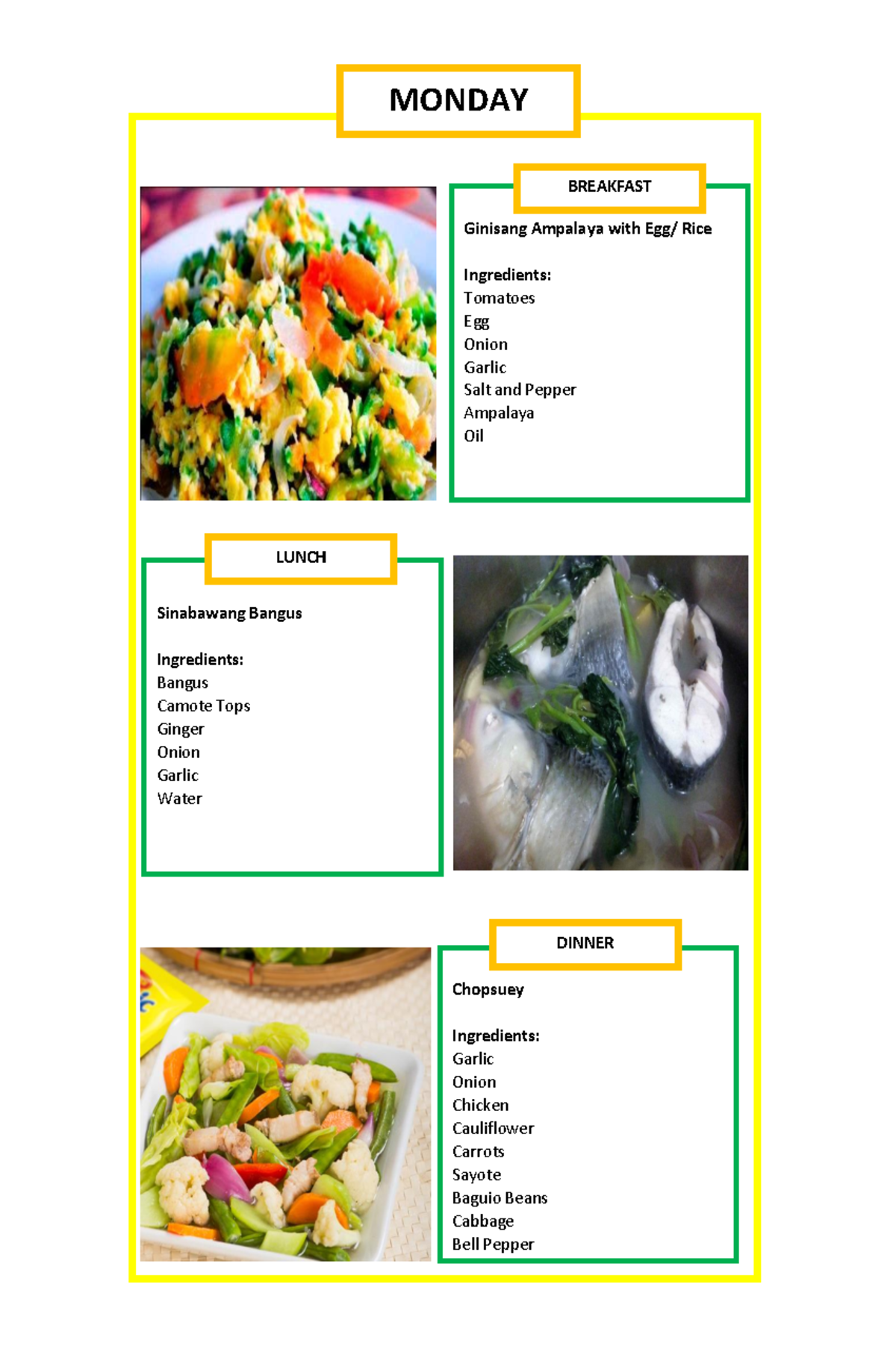 MEAL PLAN 1 WEEK MEAL PLAN BREAKFAST TO DINNER MONDAY Ginisang