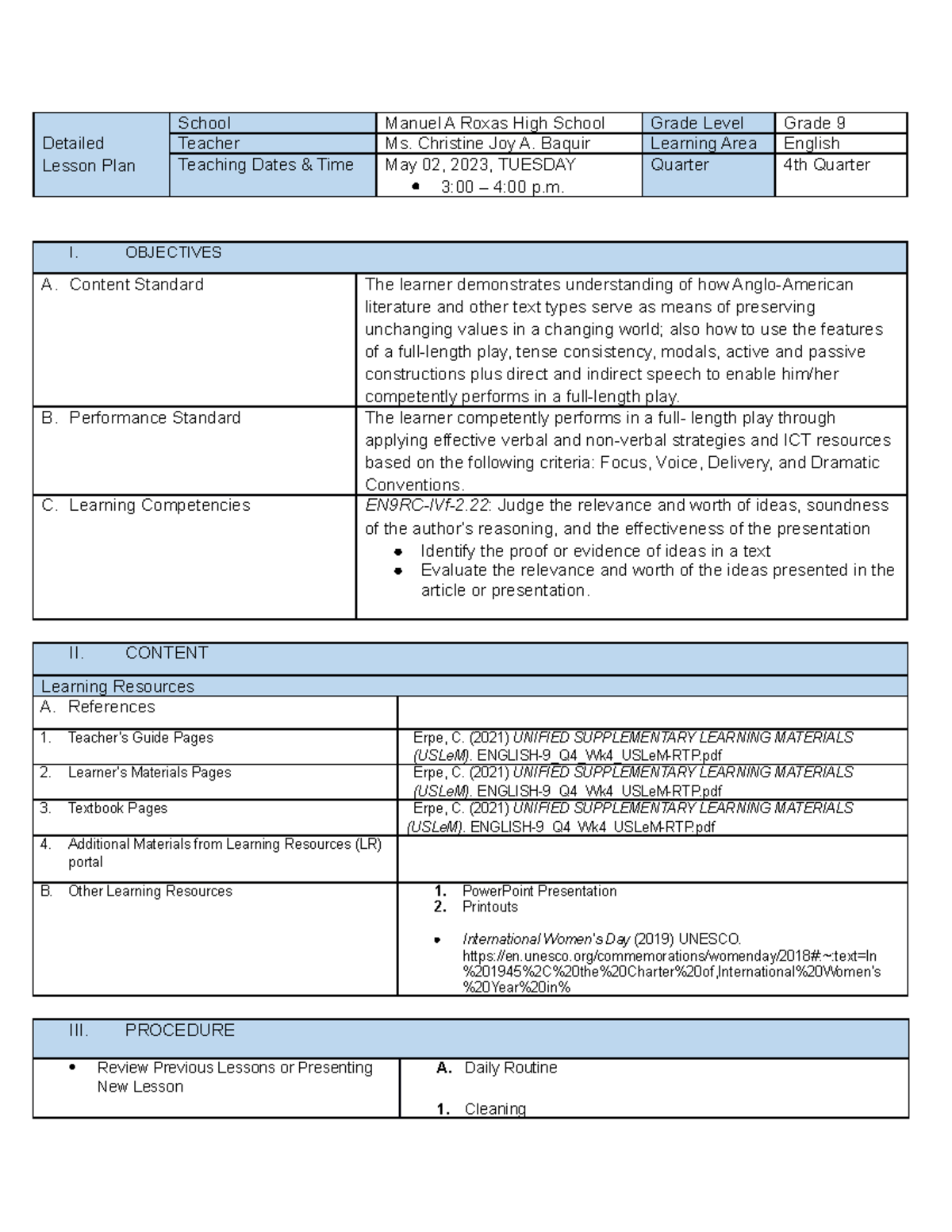 Grand DEMO draft 2 (Repaired) - Detailed Lesson Plan School Manuel A ...