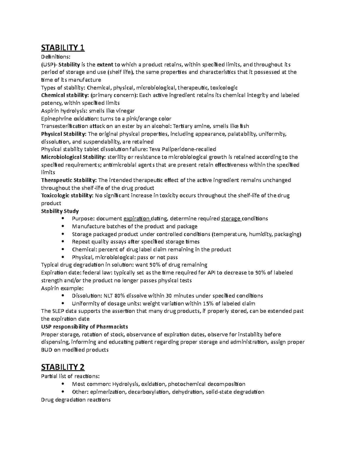 Stability 1 - Mcpherson - STABILITY 1 Definitions: (USP)- Stability is ...