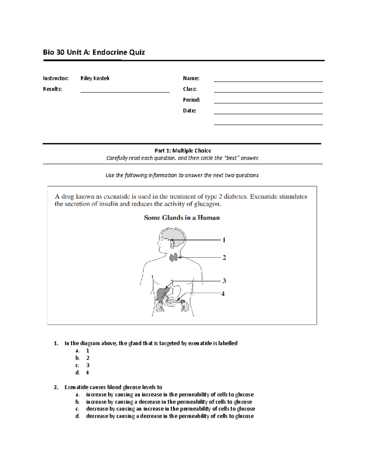 Bio 30 Unit A Endocrine Quiz - Bio 30 Unit A: Endocrine Quiz Instructor ...