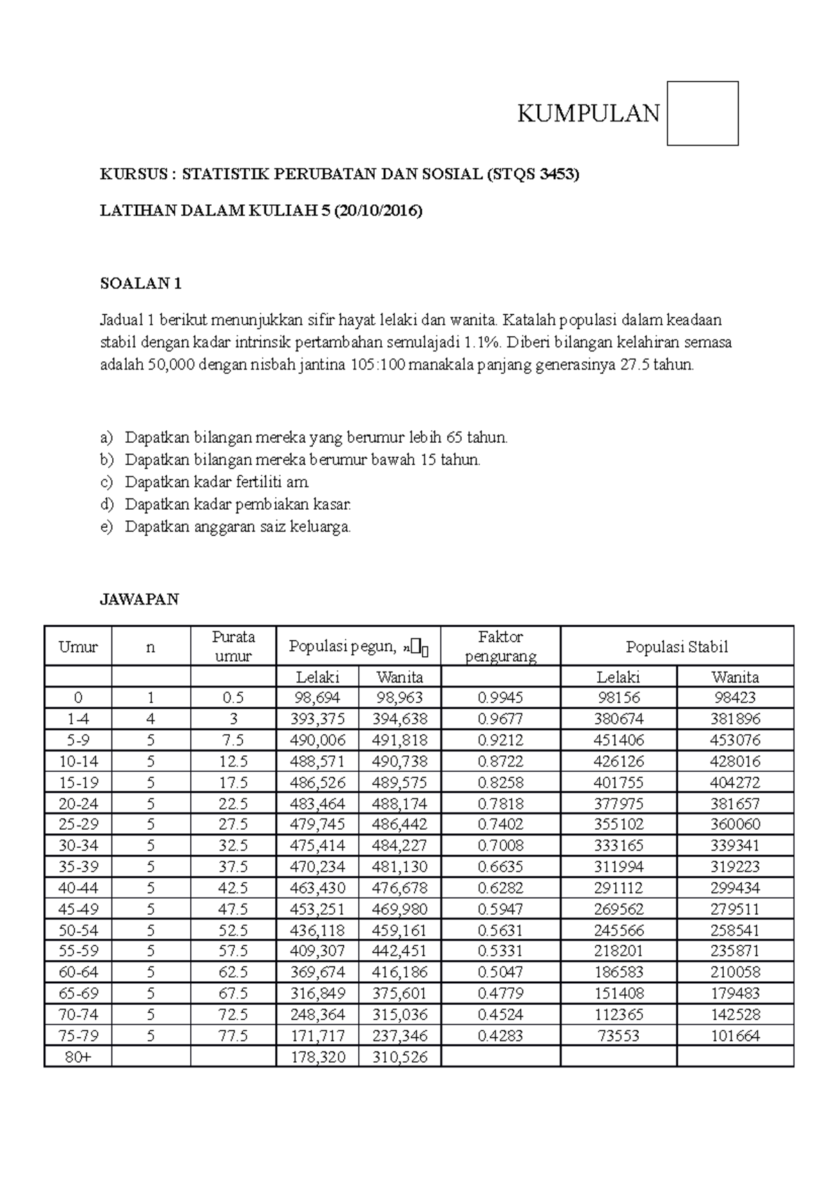 Latihan 5 (bersama jadual) - KUMPULAN KURSUS : STATISTIK PERUBATAN DAN ...