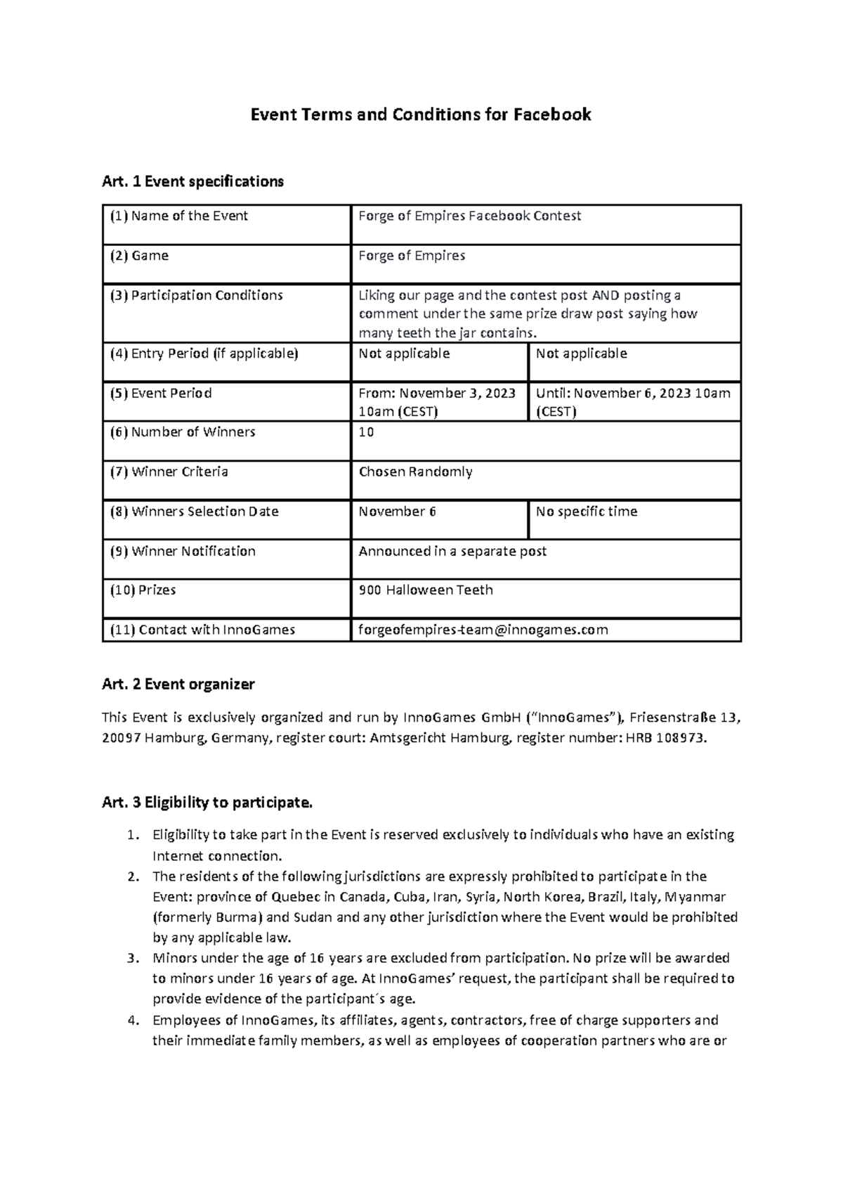 Forge of Empires Terms and Conditions for Facebook(November 2023) - Event Terms and Conditions ...