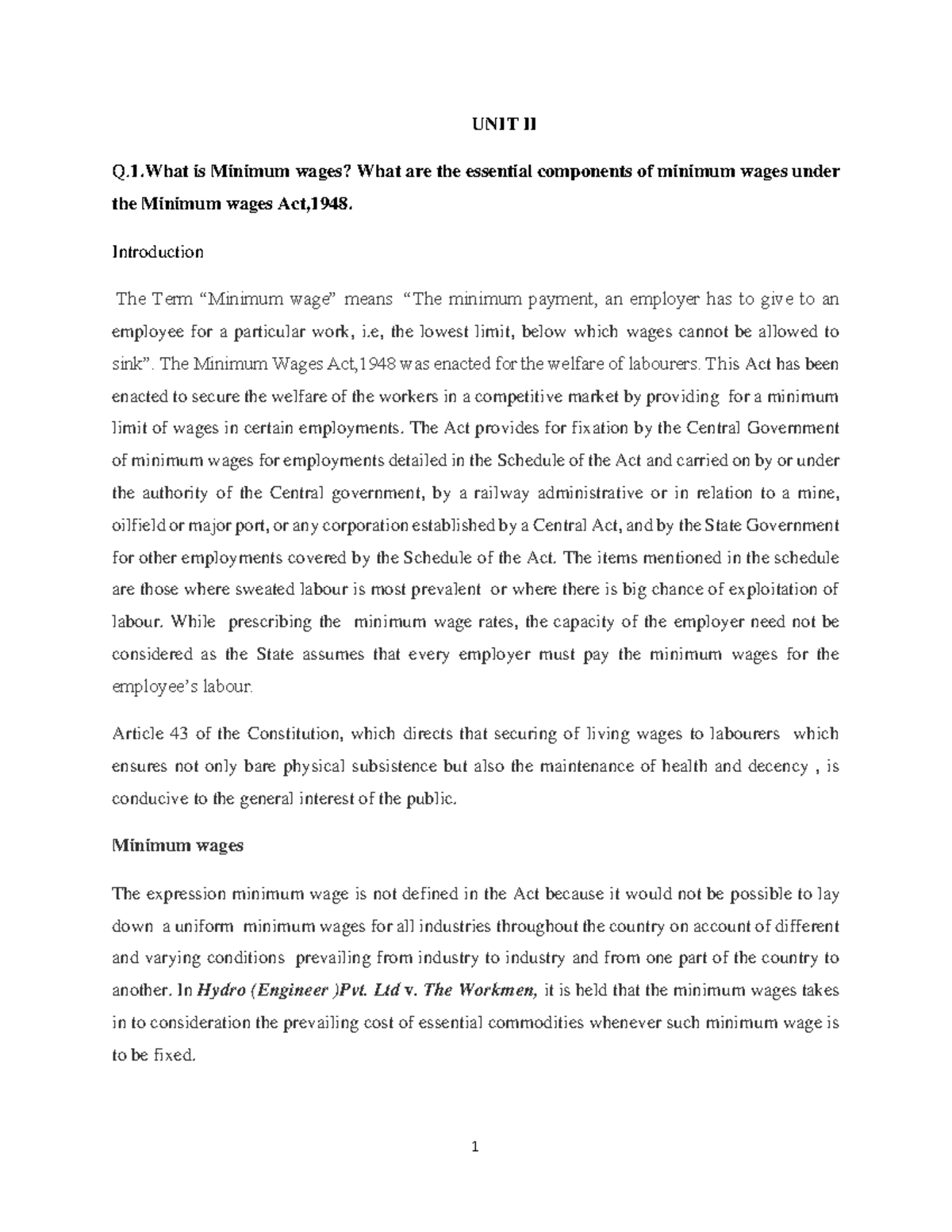 Unit-II - lecture notes - UNIT II Q. 1 .What is Minimum wages? What are ...
