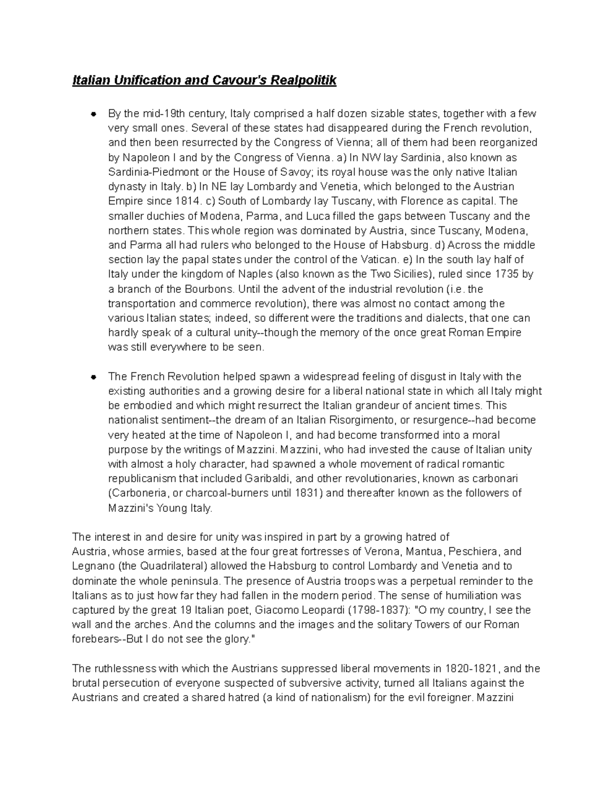 History 2-2 - Notes on Italian Unification and Cavour's Realpolitik ...