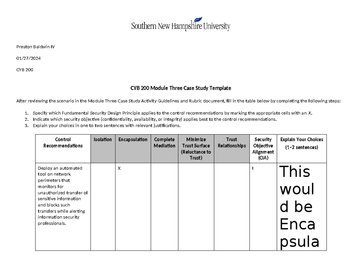 CYB 200 Module Three Case Study 3 - Preston Baldwin IV 01/27/ CYB 200 ...